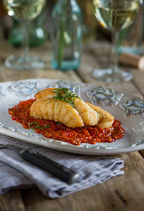 Pan Seared Monkfish Over Roasted Tomato Pepper Sauce - Monahan's ...